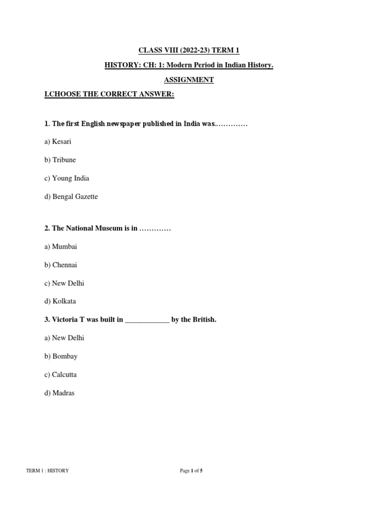 CH 1 - History - Modern Period in Indian History - Assignment | PDF ...
