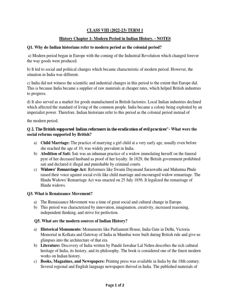 Notes Ch 1 Modern Period In Indian History Pdf Widow