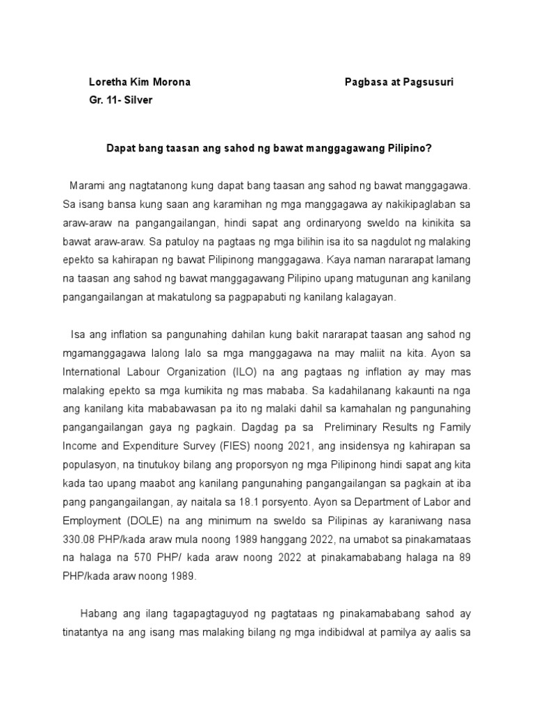 Loretha Kim Morona Pagbasa at Pagsusuri Gr. 11-Silver | PDF