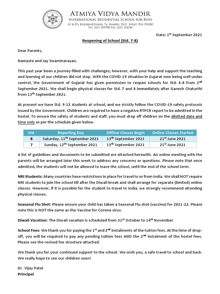 Std. Reporting Day Offline Classes Begin Online Classes Started | PDF