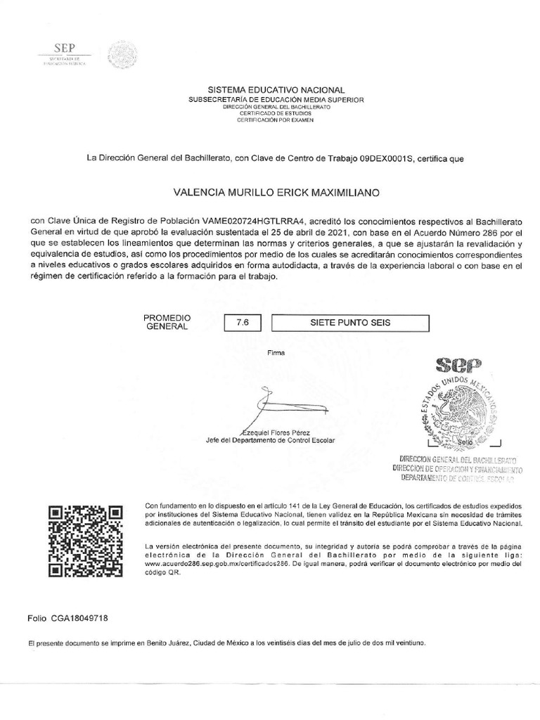 Certificado Preparatoria Erick Valencia | PDF