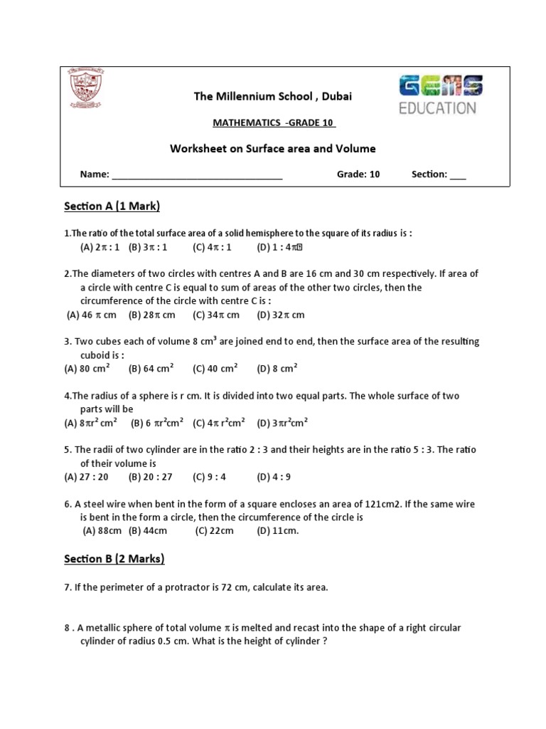 Worksheet 1 On Surface Area and Volume GRD 10 | PDF | Sphere | Area