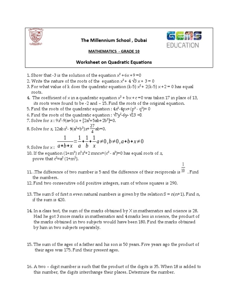 Grade 10 Quadratic Equations Worksheet | PDF | Equations | Speed