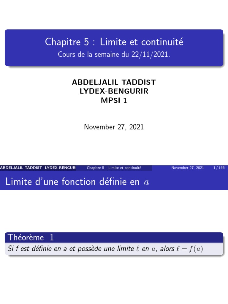 Chapitre 5: Limite Et Continuit E: Cours de La Semaine Du 22/11/2021 | PDF