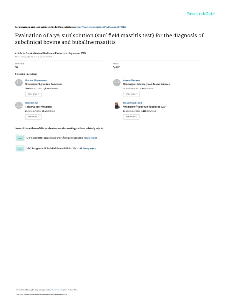 Evaluation of A 3% Surf Solution (Surf Field Mastitis Test) For The ...
