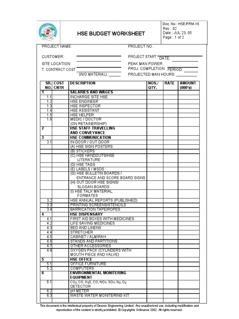 HSE FRM-16 HSE Budget Worksheet | PDF | Safety | Occupational Safety ...