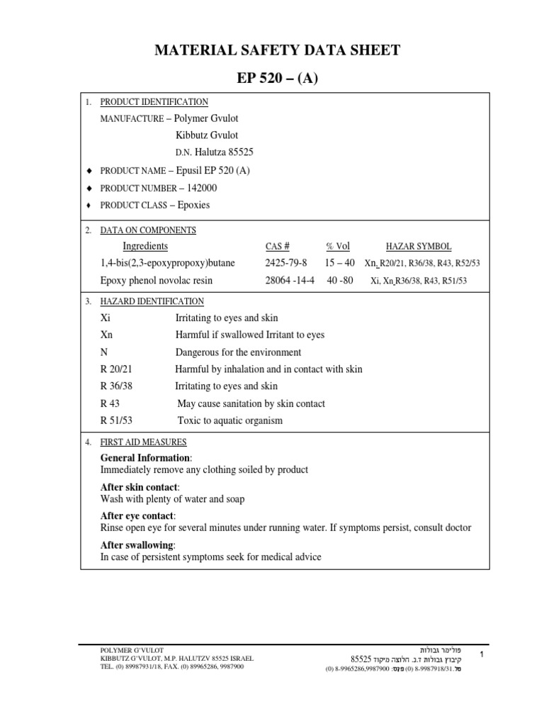 P-520 EPOXY RESIN Data Sheet | PDF | Water | Hazards