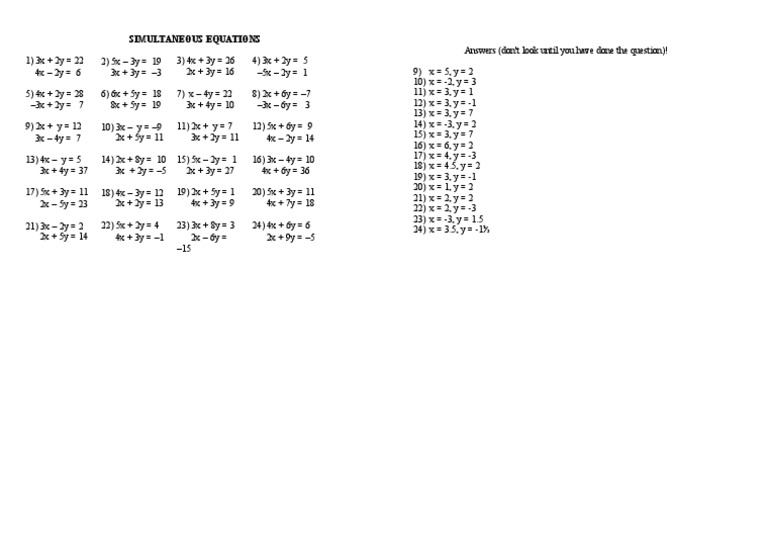 WS-Simultaneous Eqns (With Answers) | PDF
