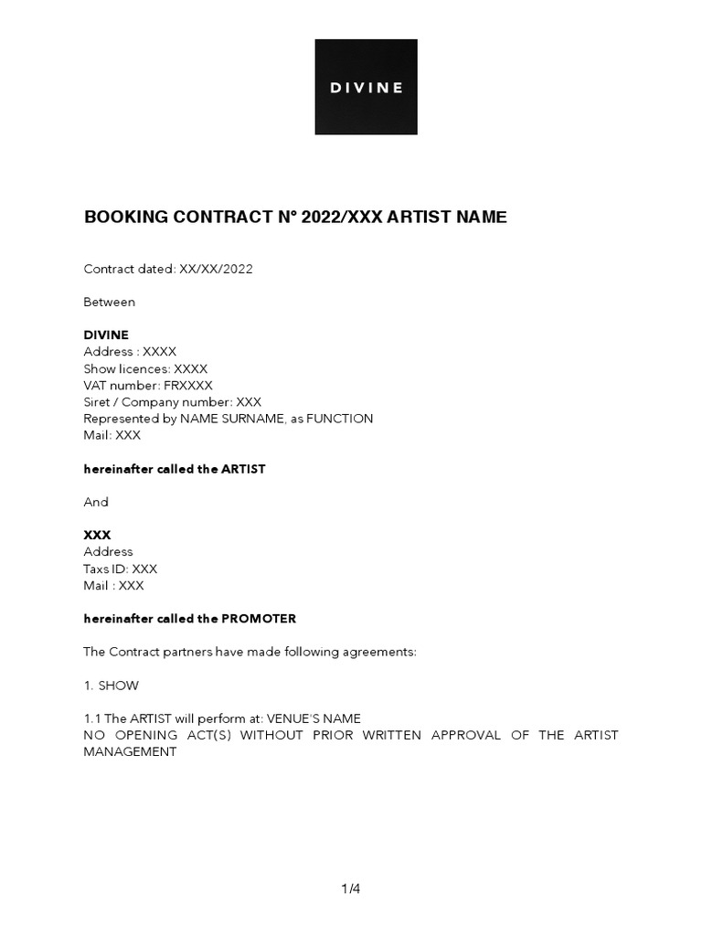 Booking Contract #2022 - XXX ARTIST NAME | PDF | Breach Of Contract | Fee
