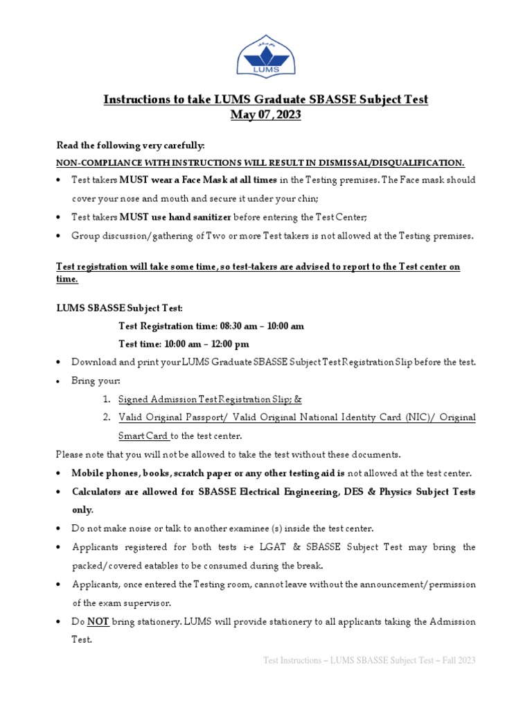 Test Instructions - LUMS SBASSE Subject Test - Fall 2023 | PDF | Books