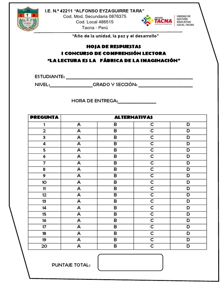 Hoja de Respuestas: Concurso Lector 2º Sec. | PDF