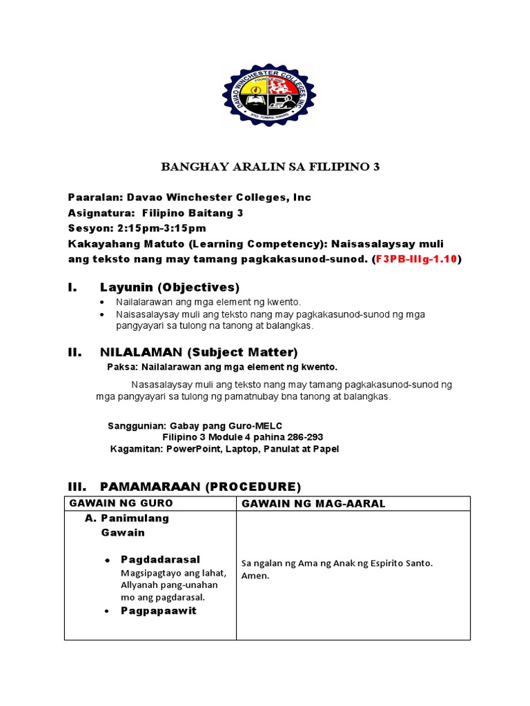 Banghay Aralin Sa Filipino 3 | PDF