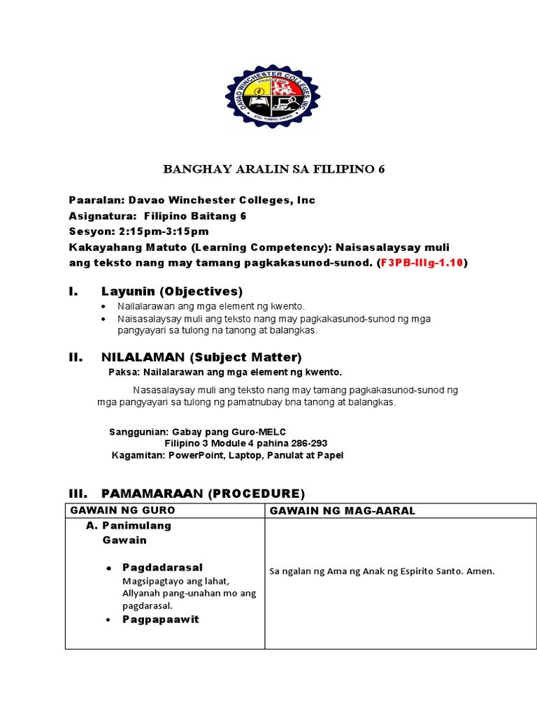 Banghay Aralin Sa Filipino 6 | PDF