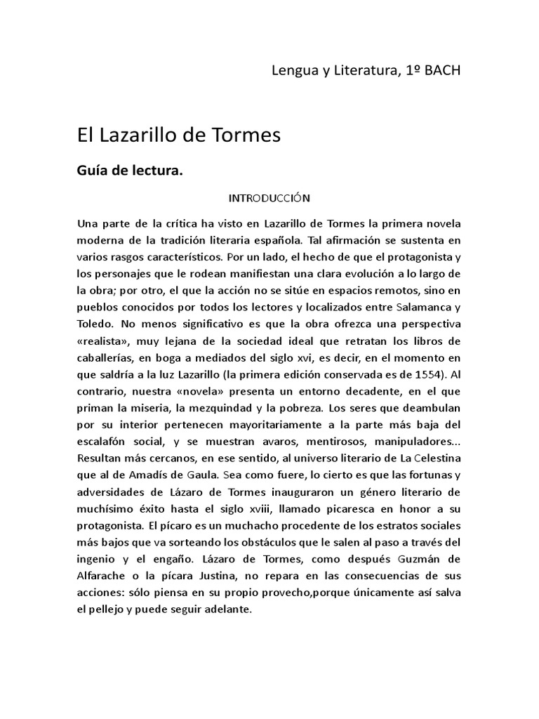 Guía de lectura: El Lazarillo de Tormes | PDF | Humor | Novelas