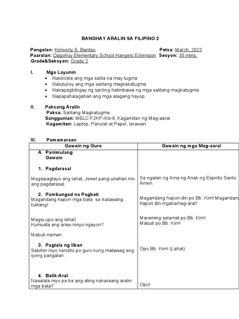 Banghay Aralin Sa Filipino 2 | PDF