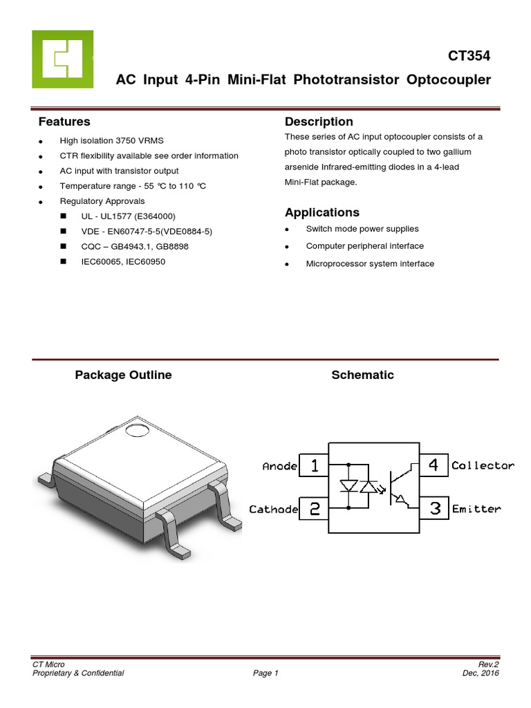 CT354 Optocoupler Datasheet | PDF | Transistor | Bipolar Junction Transistor