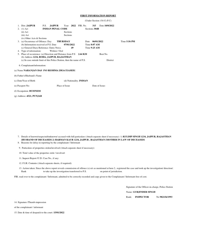 FIRST INFORMATION REPORT For Moot Court | PDF | Crime & Violence | Law Enforcement