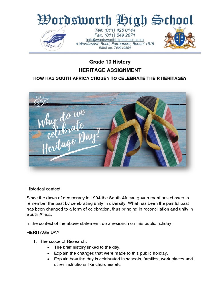 Grade 10 History Heritage Assignment: How Has South Africa Chosen To ...