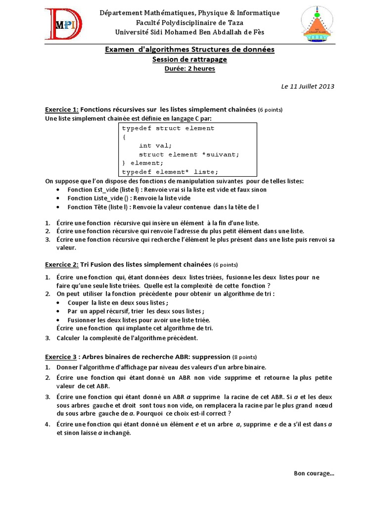 Examen de Structures de Donnees | PDF | Mathématiques | Algorithmes et structures de données