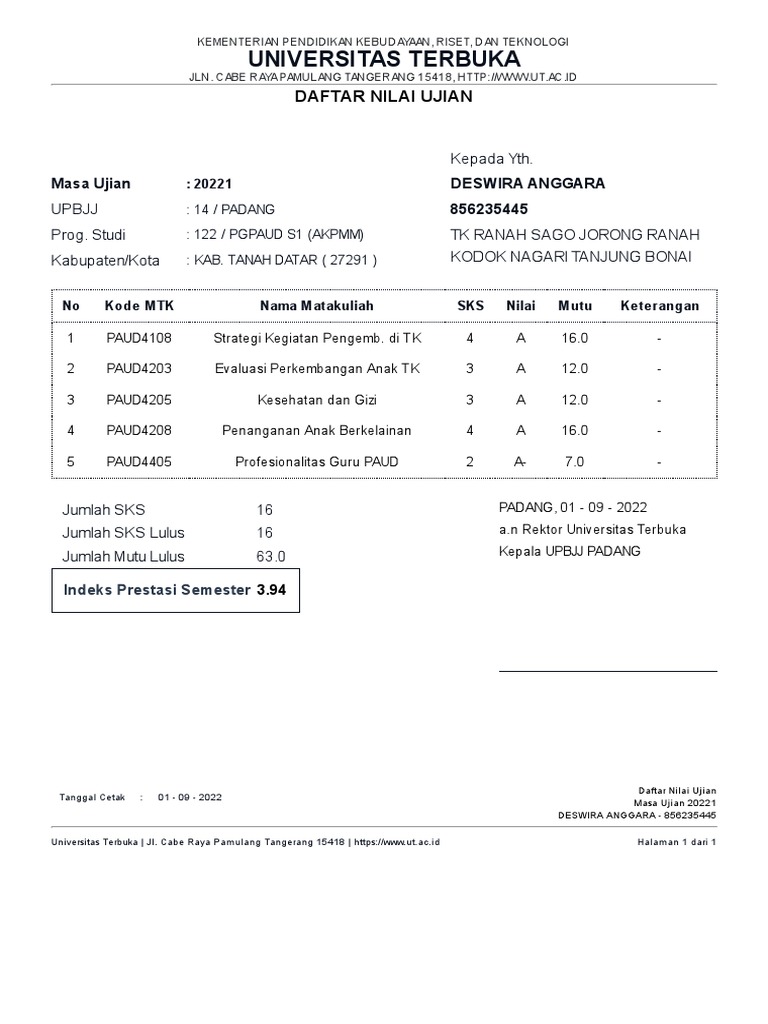 Daftar Nilai Ujian | PDF