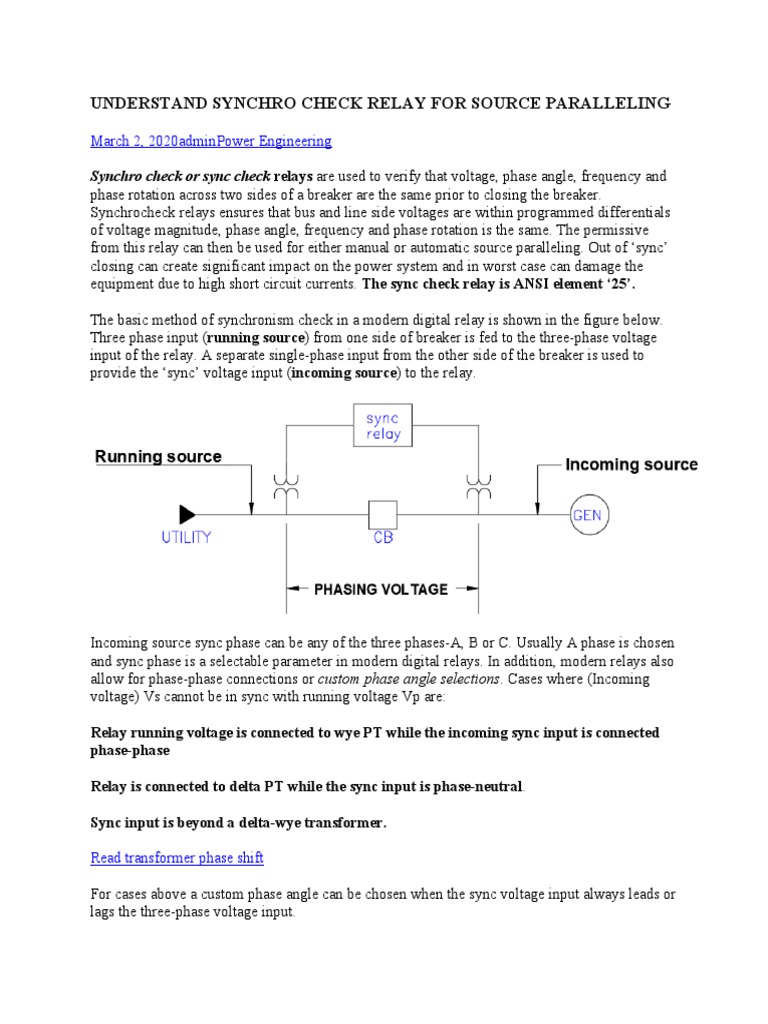 Understand Synchro Check Relay For Source Paralleling | PDF | Ac Power ...