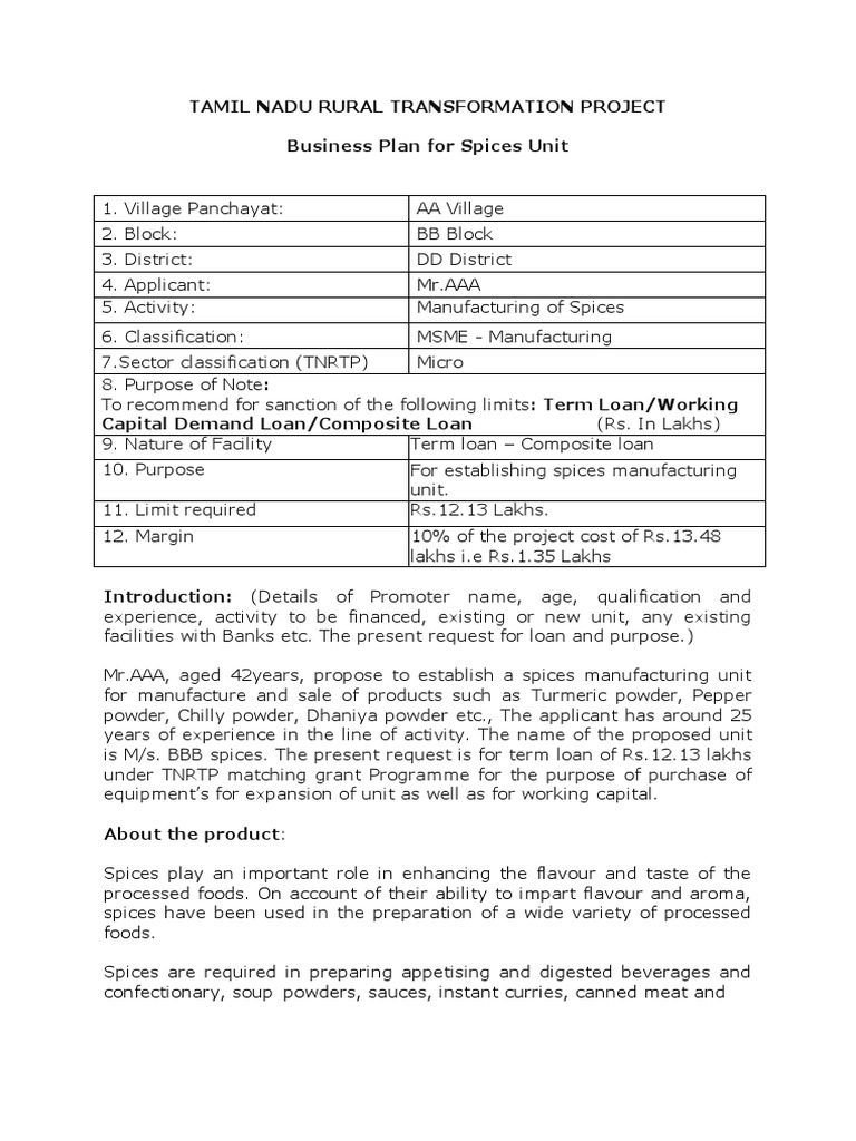 Tamil Nadu Rural Transformation Project Business Plan For Spices Unit ...