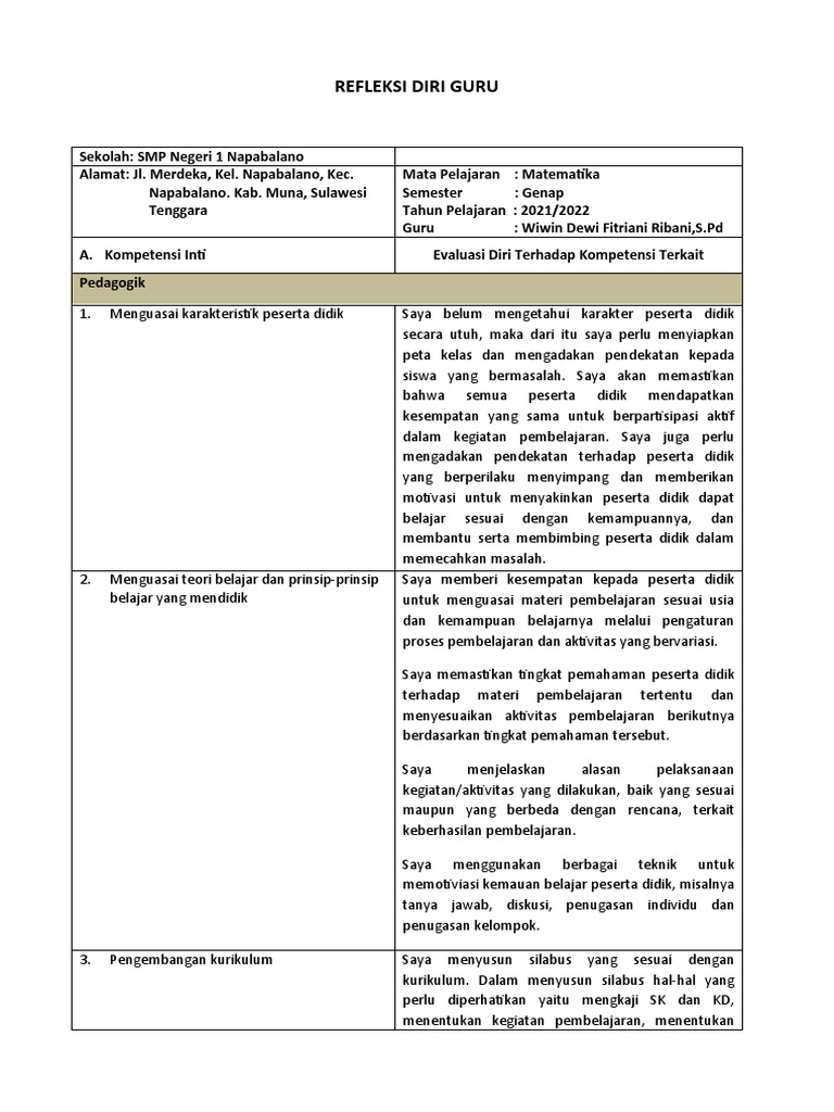 Form Refleksi Diri Semester Genap 2019-2020 | PDF