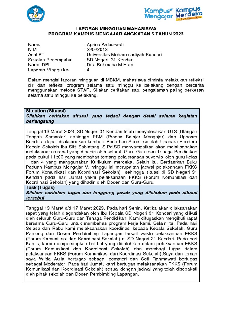Laporan Minggu Ke - 4 Mahasiswa KM 5 (Aprina Ambarwati) | PDF | Karier & Perkembangan ...