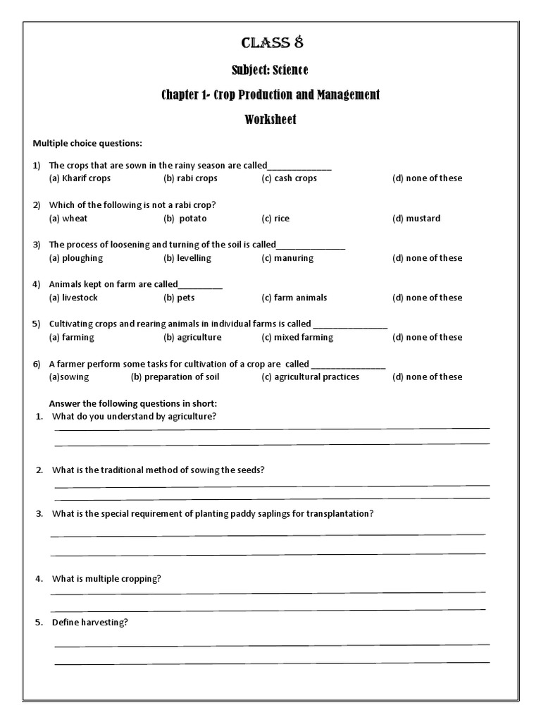 Class 8: Subject: Science Chapter 1-Crop Production and Management ...