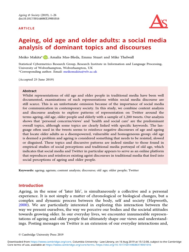 Ageing, Old Age and Older Adults: A Social Media Analysis of Dominant ...