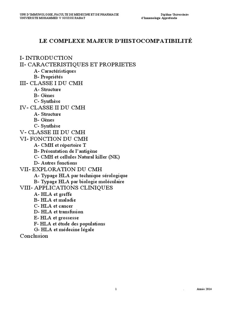 Le Complexe Majeur D'Histocompatibilité: I-Introduction Ii ...