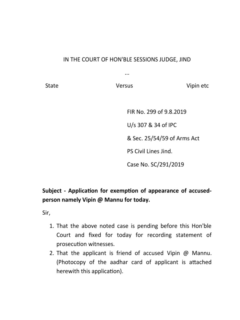 Subject - Application For Exemption of Appearance of Accused-Person ...