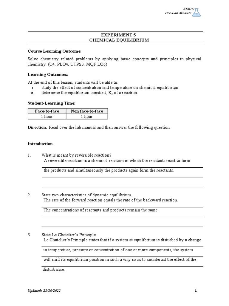 Pelajar - EXP5 - PRELAB | PDF | Chemical Reactions | Chemical Equilibrium