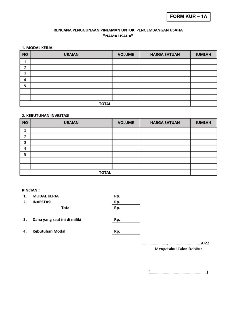 FORM KUR - 1A Rencana Anggaran Dan Belanja | PDF