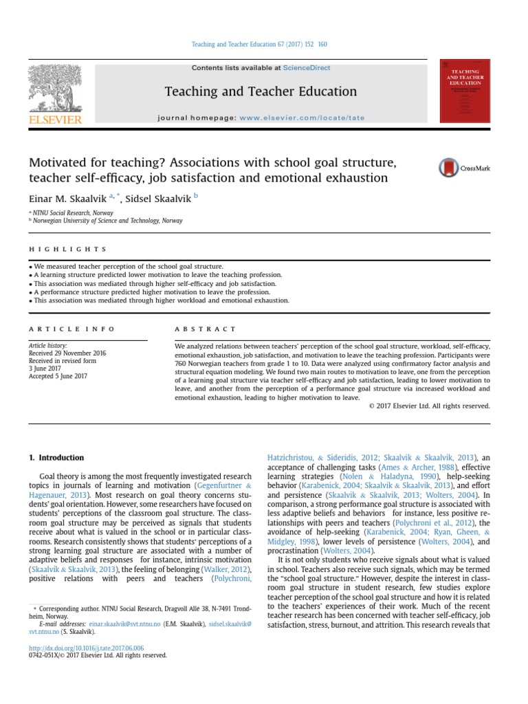 Teaching and Teacher Education: Einar M. Skaalvik, Sidsel Skaalvik | PDF | Self Efficacy | Teachers