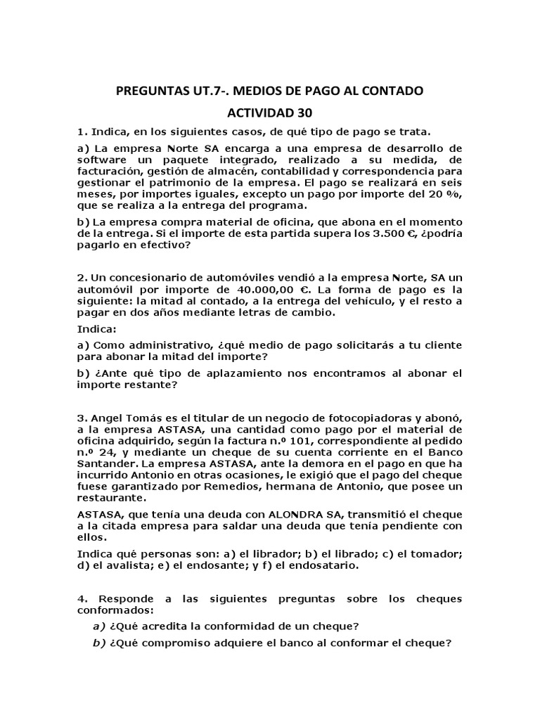 Preguntas Ut.7-. Medios de Pago Al Contado Actividad 30 | PDF | Cheque | Bancos