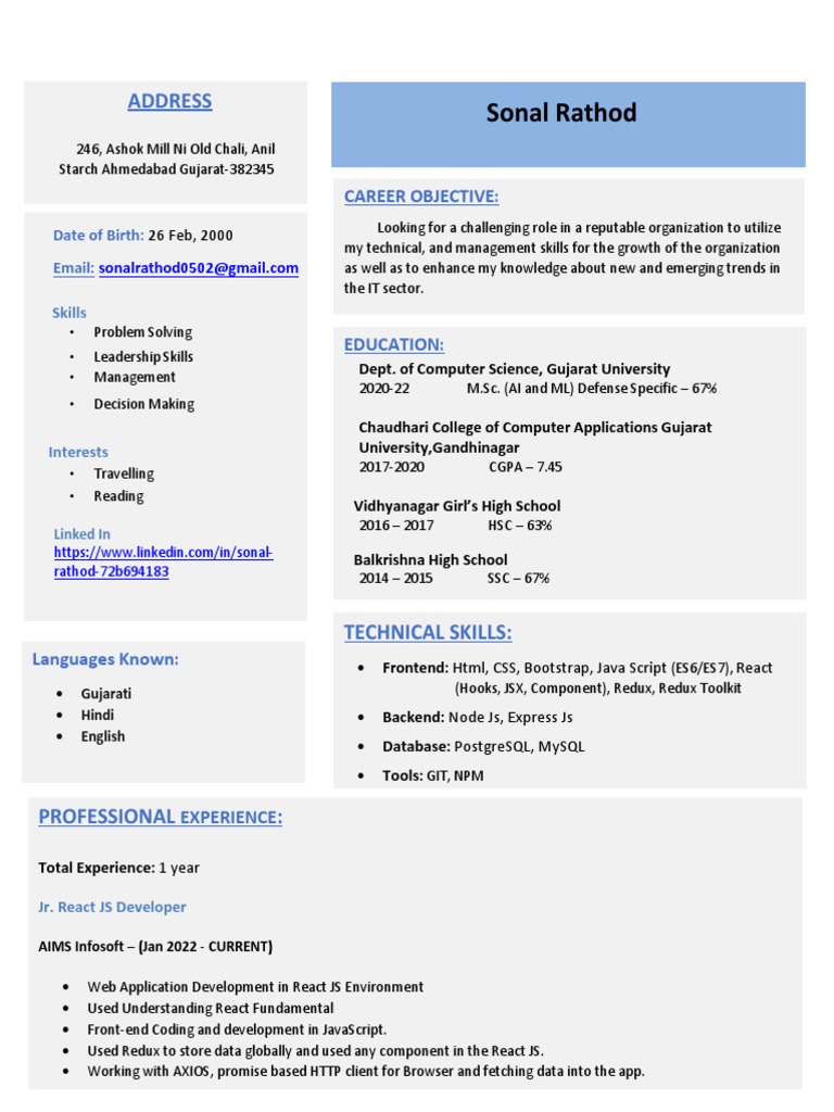 Sonal Rathod: Address | PDF | Web Development | Computer Programming