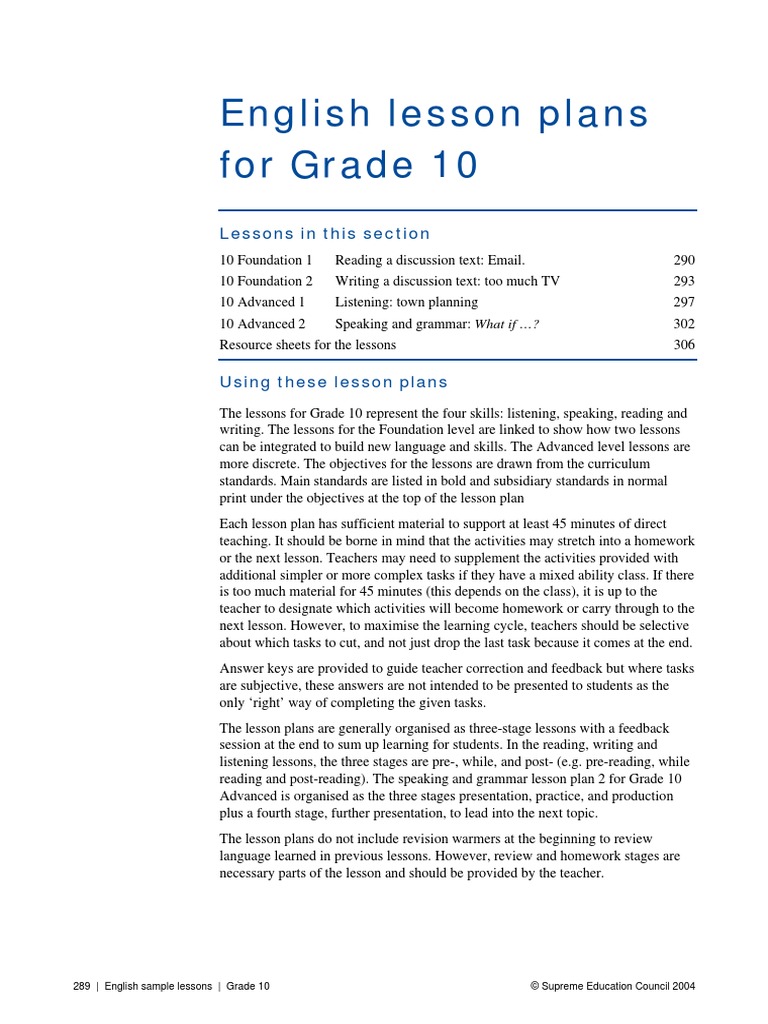 English Lesson Plans For Grade 10: Lessons in This Section | PDF ...