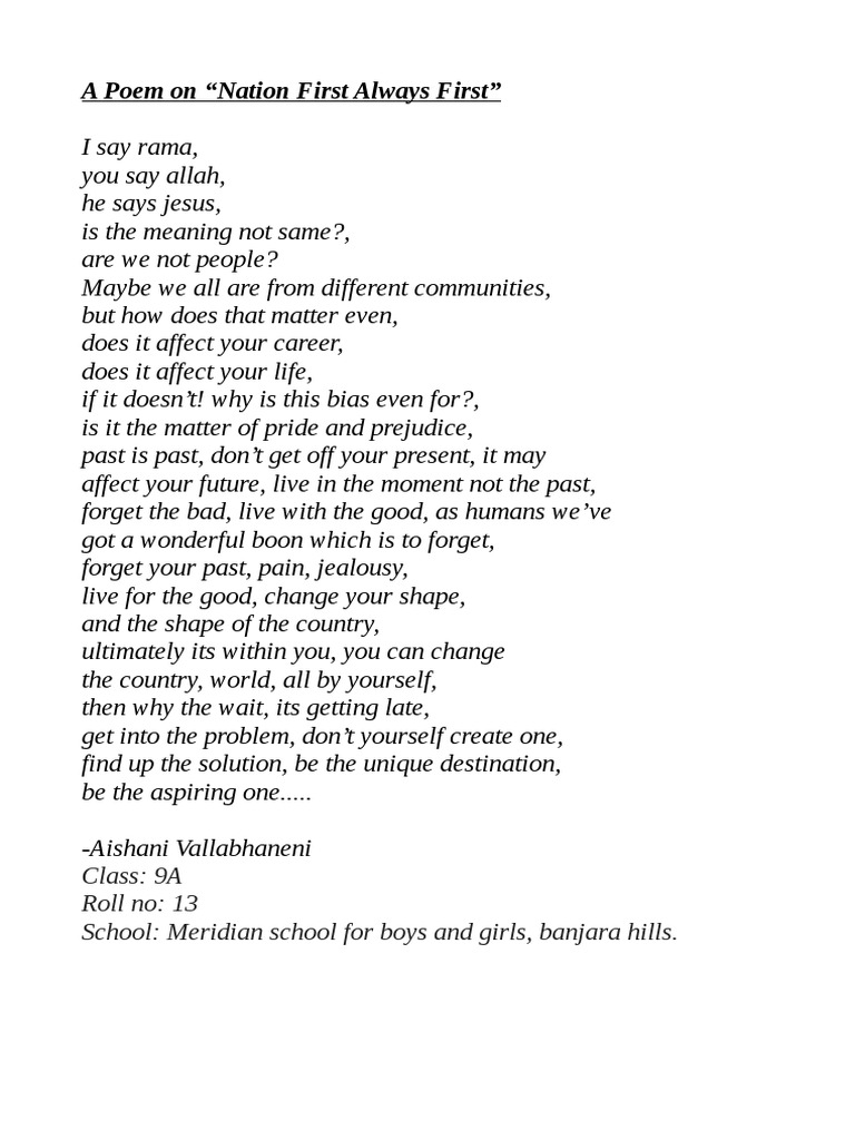 A Poem On "Nation First Always First": Class: 9A Roll No: 13 School ...