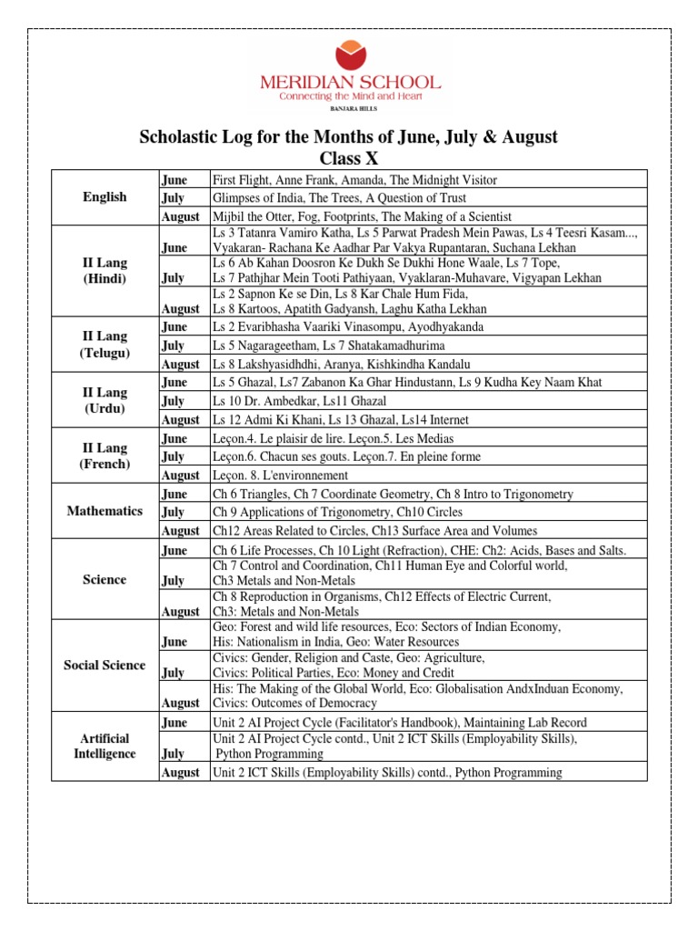 Class 10 Scholastic Log For The Months of June, July, August | PDF