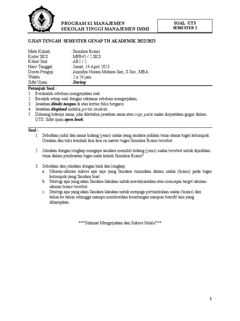 Soal Uts Simulasi Bisnis S1 Genap 2022-2023 | PDF