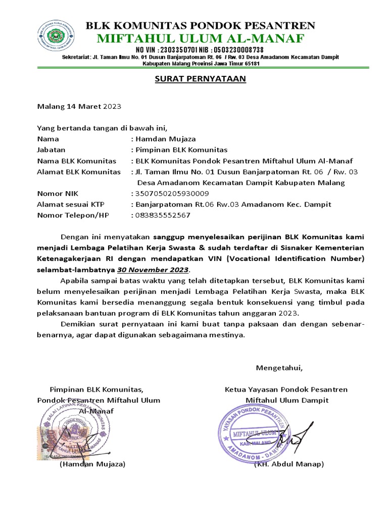 Surat Pernyataan BLKK Mengurus Perizinan BLKK PONDOK PESANTREN MIFTAHUL ...