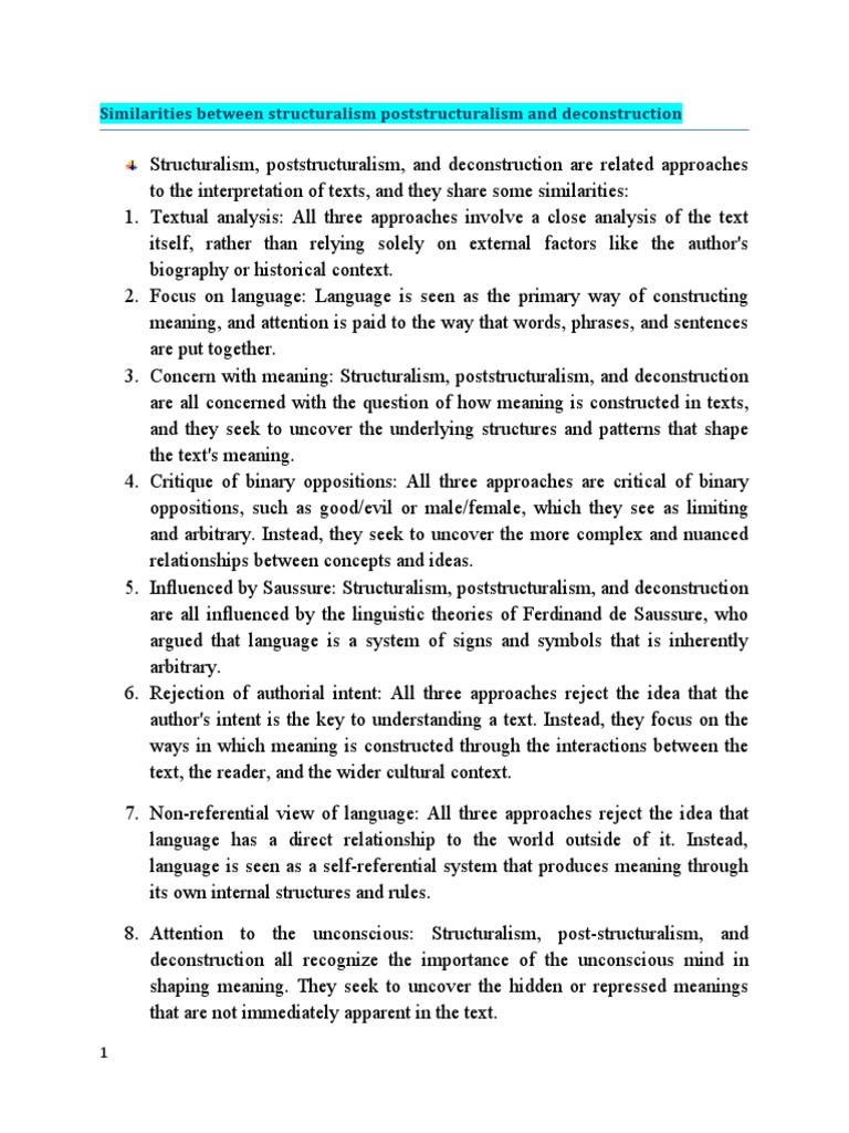 Similarities and Differences Between Structuralism Poststructuralism and Deconstruction | PDF ...