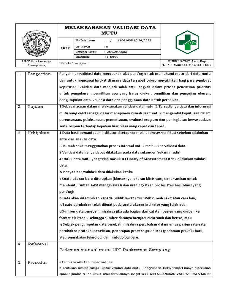 2.sop Melakukan Validasi Data Mutu | PDF