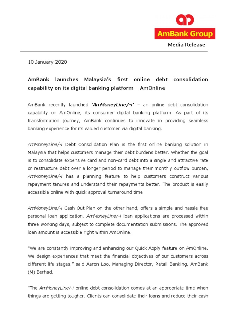 AmBank Launches Online Debt Consolidation | PDF | Debt | Loans