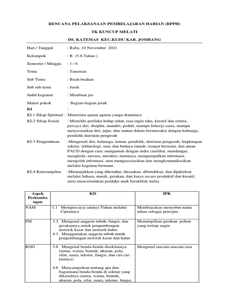 RPPH Tema Tanaman Buah Jeruk TK | PDF | Karier & Perkembangan | Sains ...