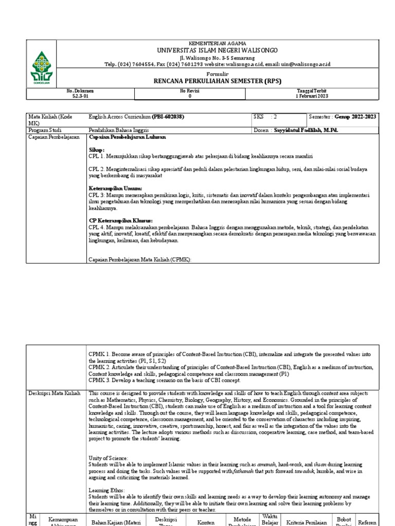 RPS English Across Curriculum | PDF | Lesson Plan | Learning