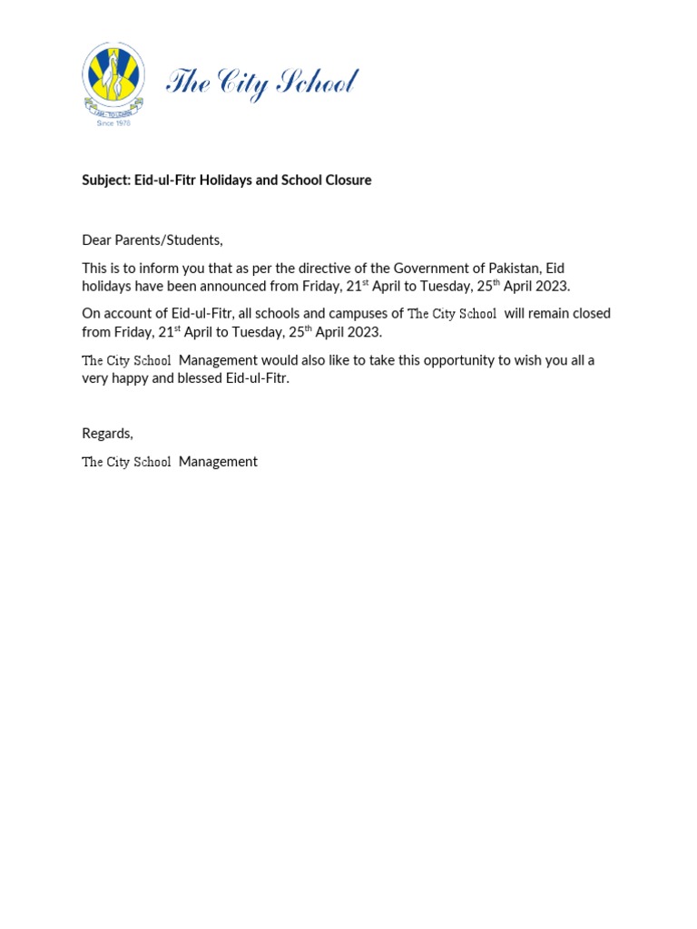 Eid Holidays Announcement | PDF