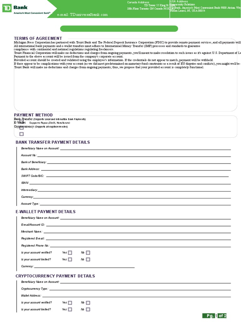 TD Bank Payment Contract Form | PDF | Wire Transfer | Banks