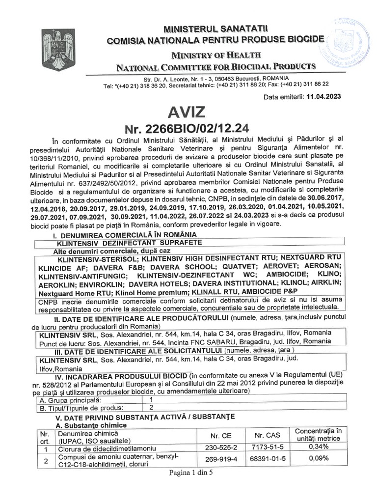 1 - Aviz Klintensiv Dezinf - Supraf - 2266 | PDF